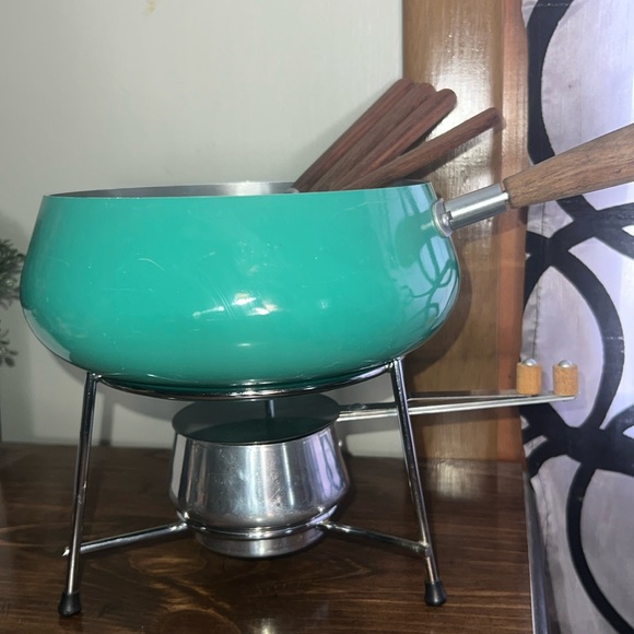 Kitchen | Turquoise Fondue Set No Lid With Wood Handle Utensils | Poshmark